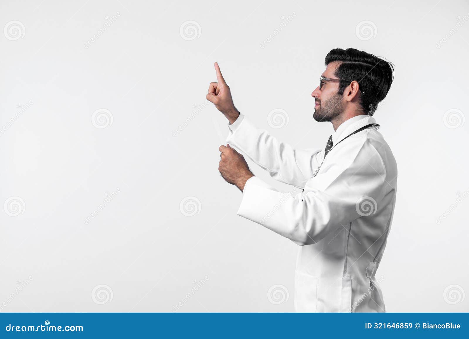 Side View of Smart Doctor Pointing and Checking and Looking at Chart ...