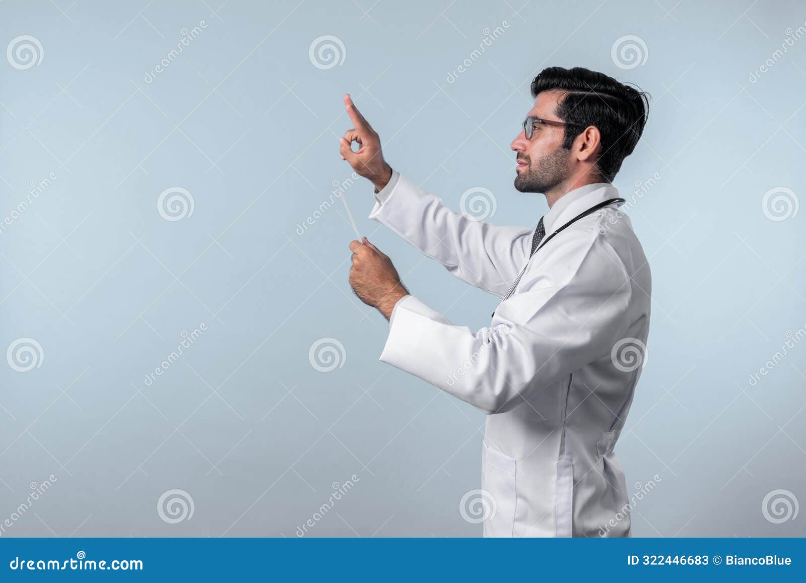 Side View of Smart Doctor Pointing and Checking and Looking at Chart ...