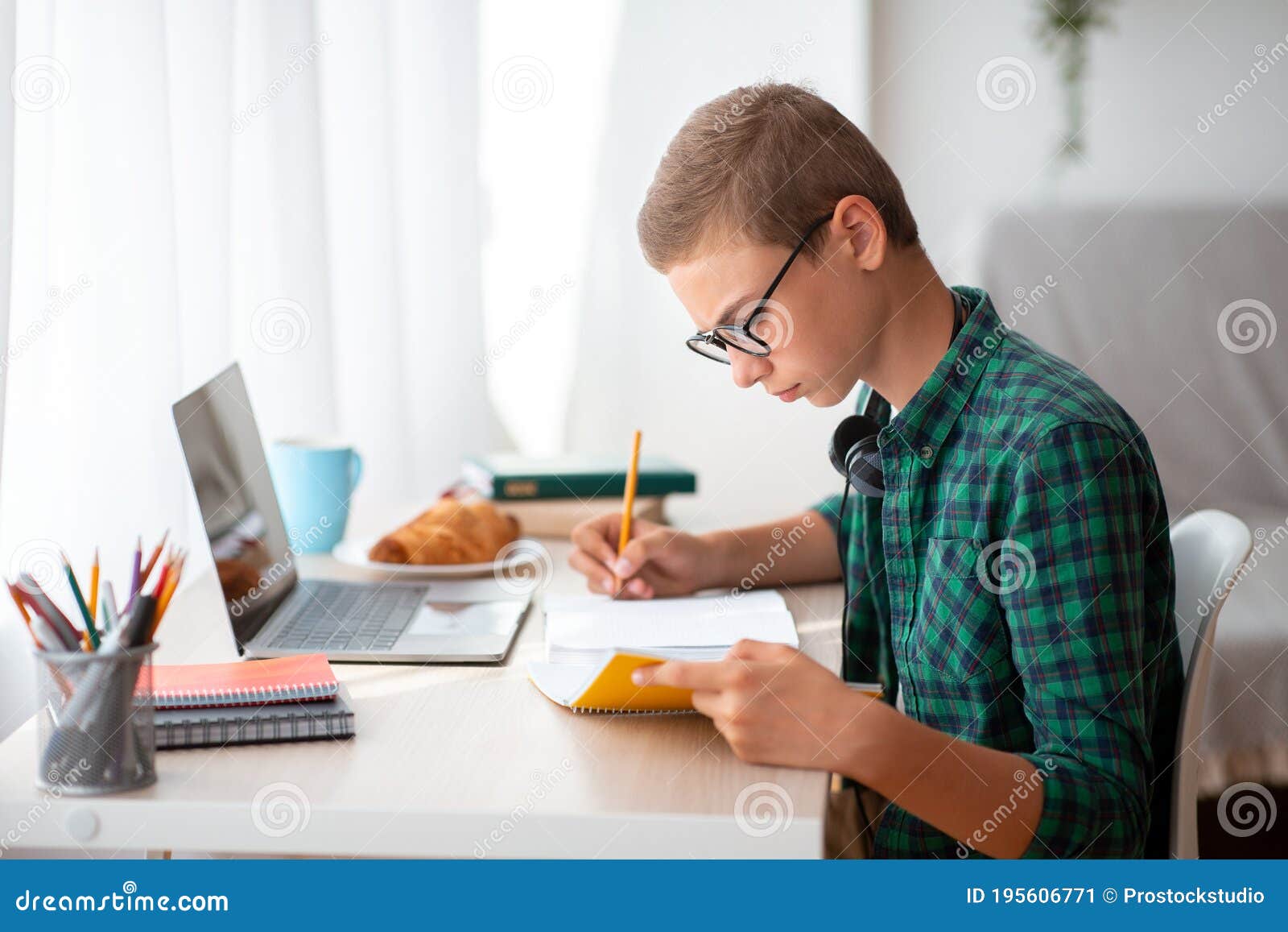 Side View of Smart Schooler Doing Homework at Room Stock Image - Image ...
