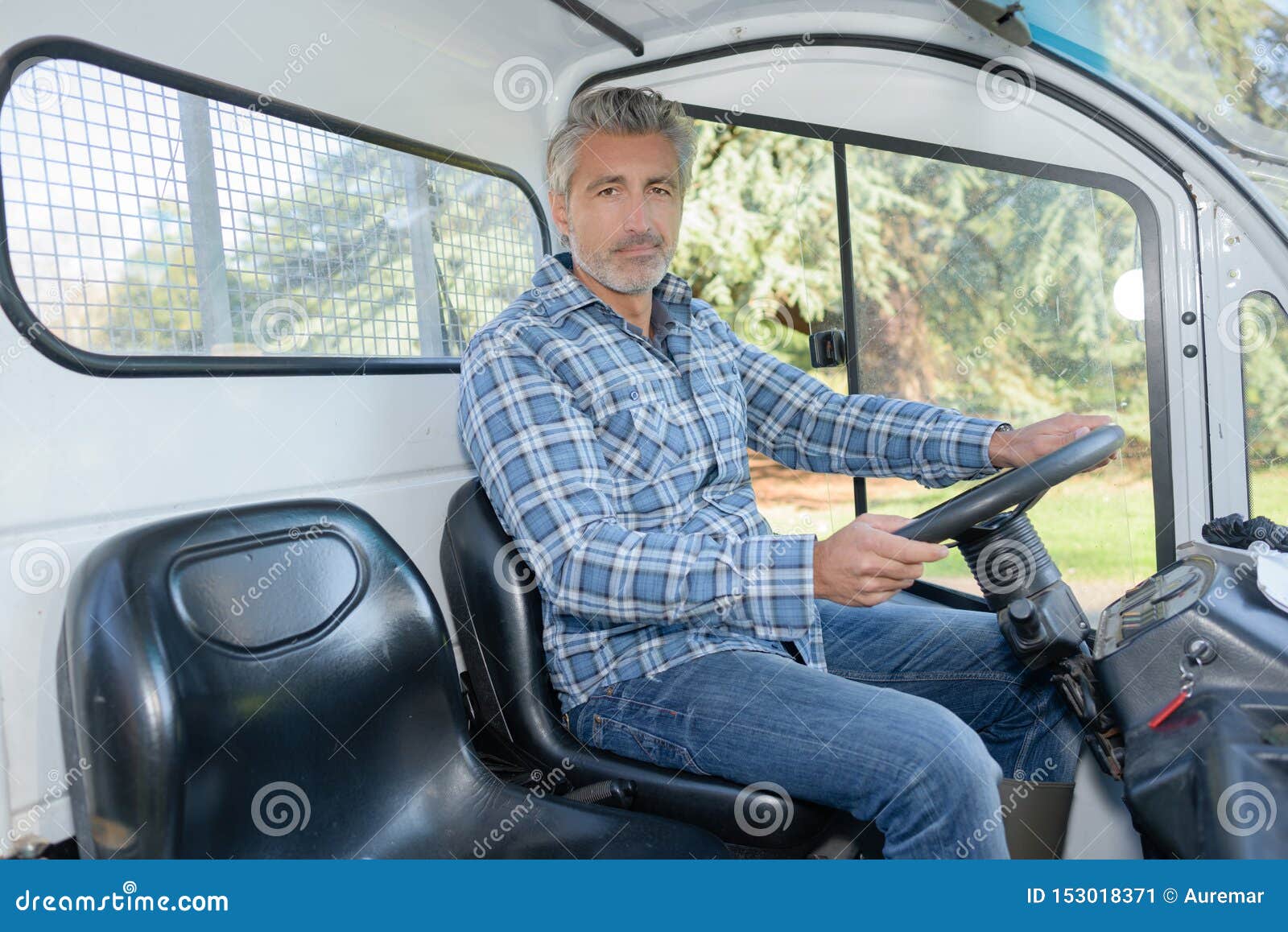 Side View Smiling Delivery Man Driving Van Stock Image - Image of male ...