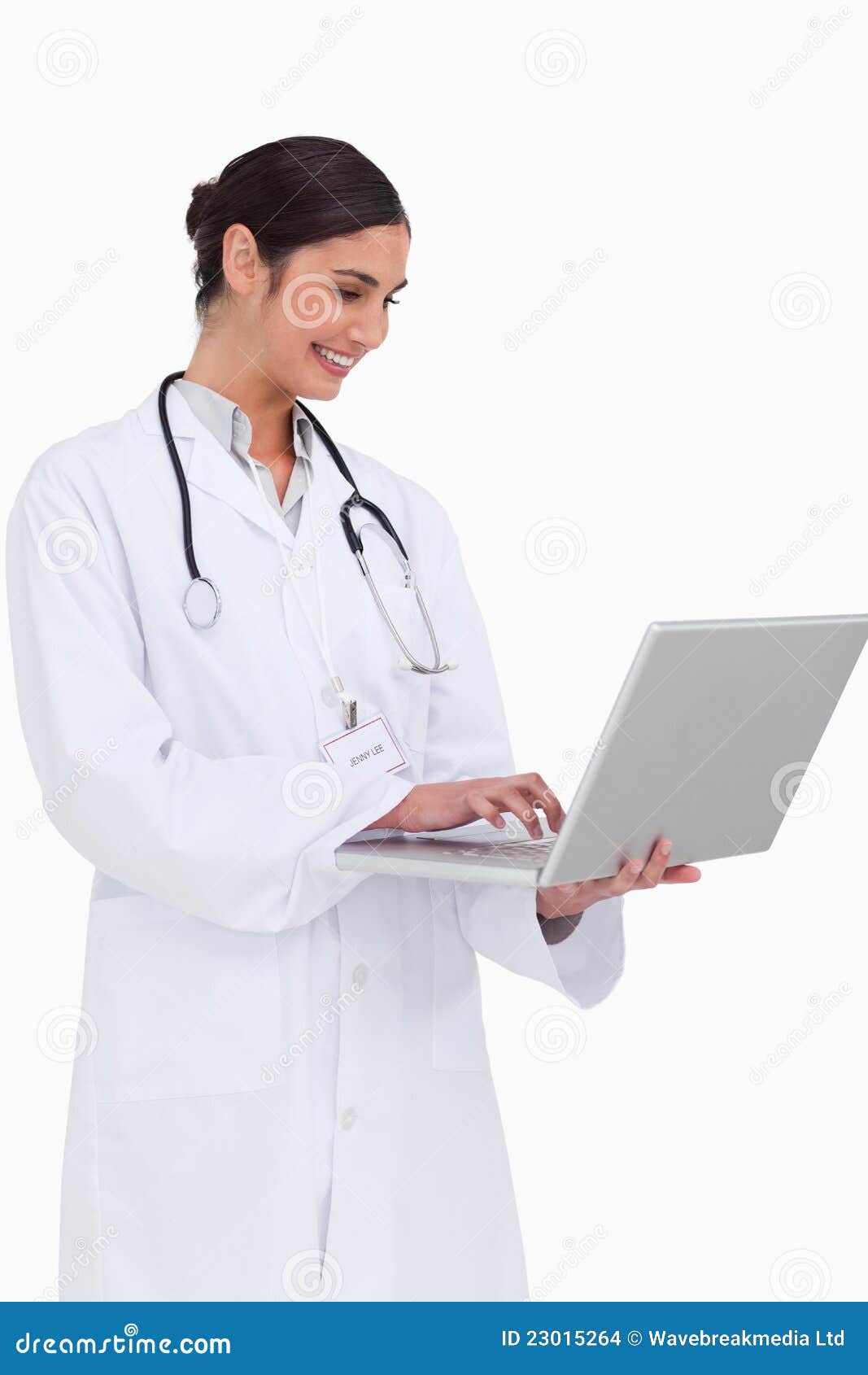 Side View of Smiling Doctor with Her Laptop Stock Photo - Image of ...