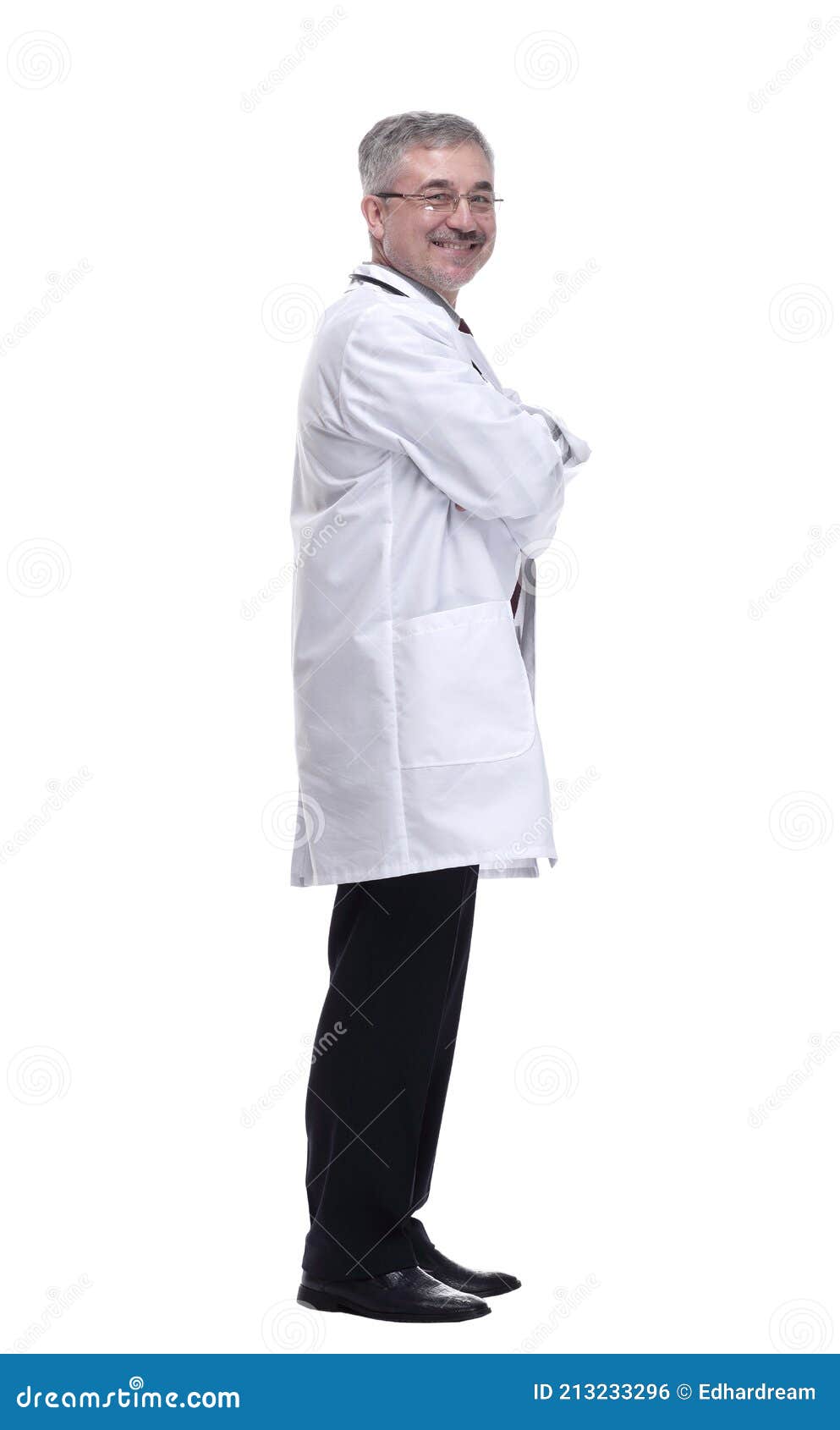 Side View. a Smiling Doctor Reading an Ad on a White Wall Stock Photo ...