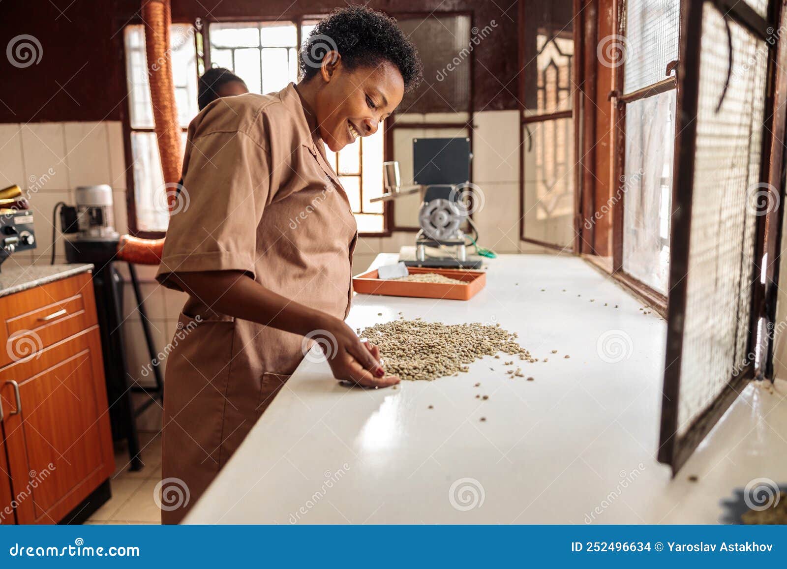 Happy Female Worker Sifting and Sorting Coffee Beans for Tasting Stock ...