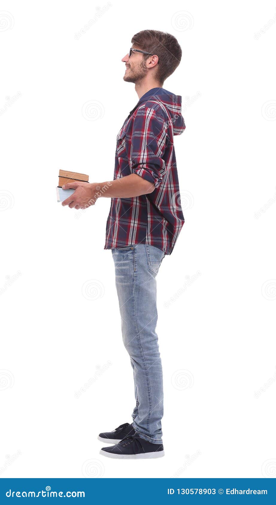 Side View. Smiling Male Student with Books Stock Image - Image of ...