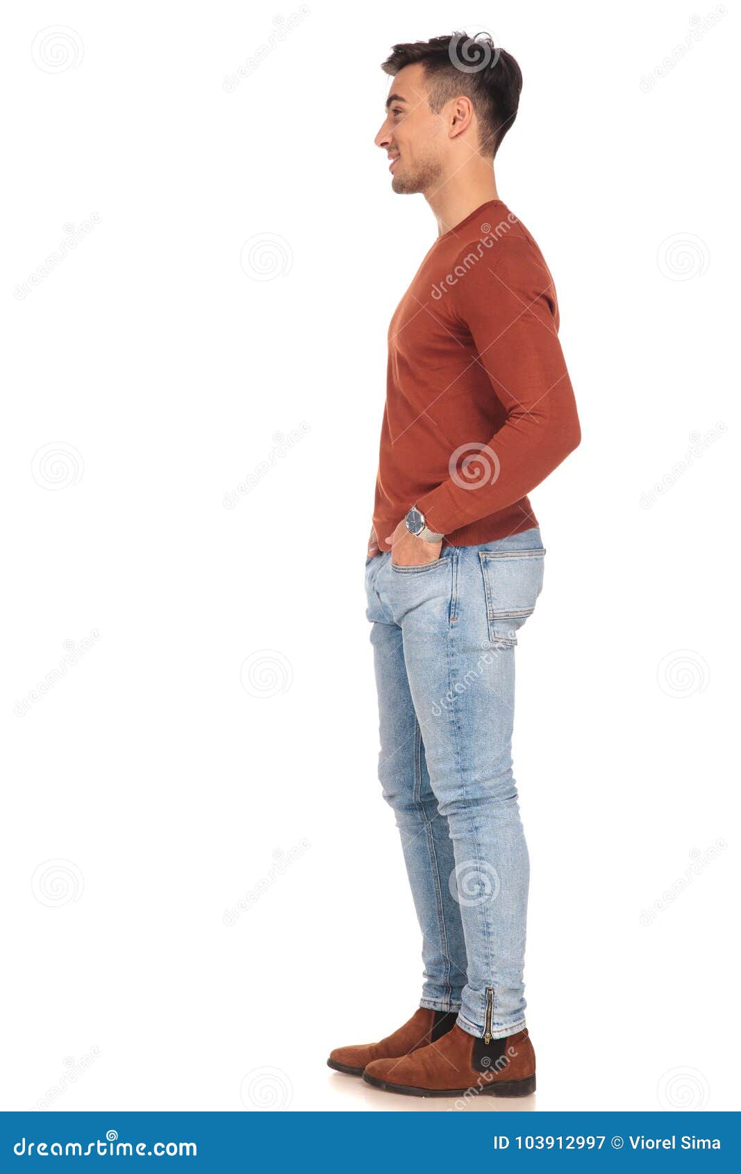 Side View of Smiling Man Standing with Hands in Pockets Stock Image ...
