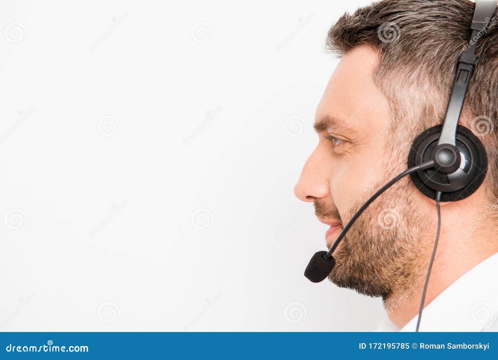 Side View Of Smiling Operator Of Call Center In Headphones Stock Image ...