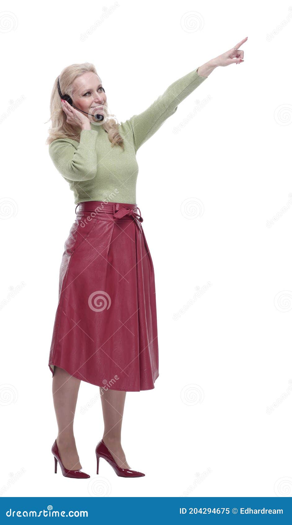 Smiling Woman in a Headset Reading an Ad Stock Image - Image of heels ...