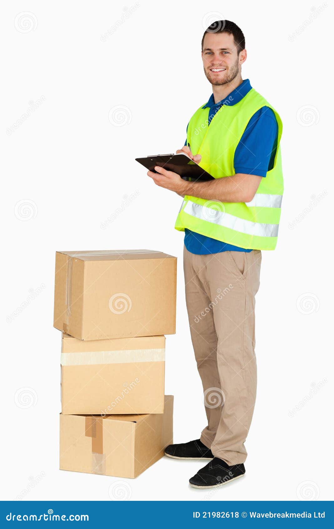 Side View of Smiling Young Delivery Man Stock Photo - Image of handsome ...