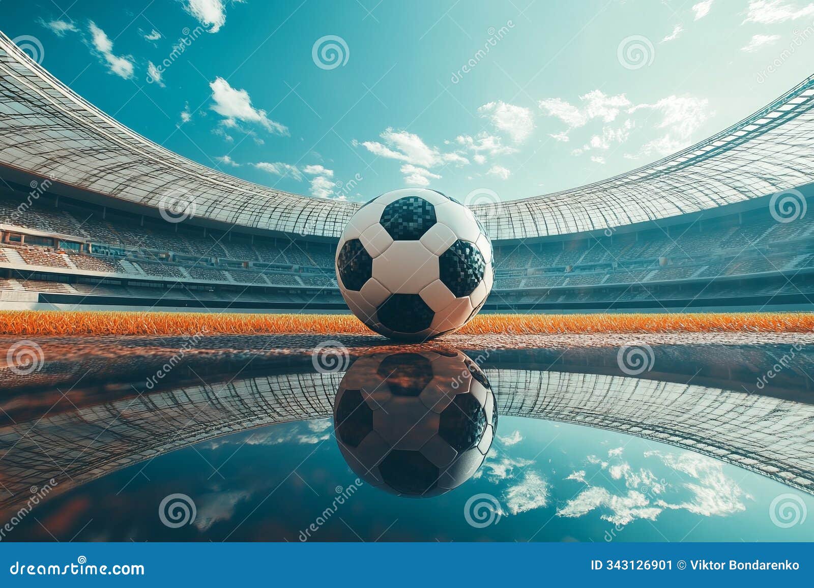 Side View of a Soccer Ball on a Big Glance Mirror Surface in Stadium ...