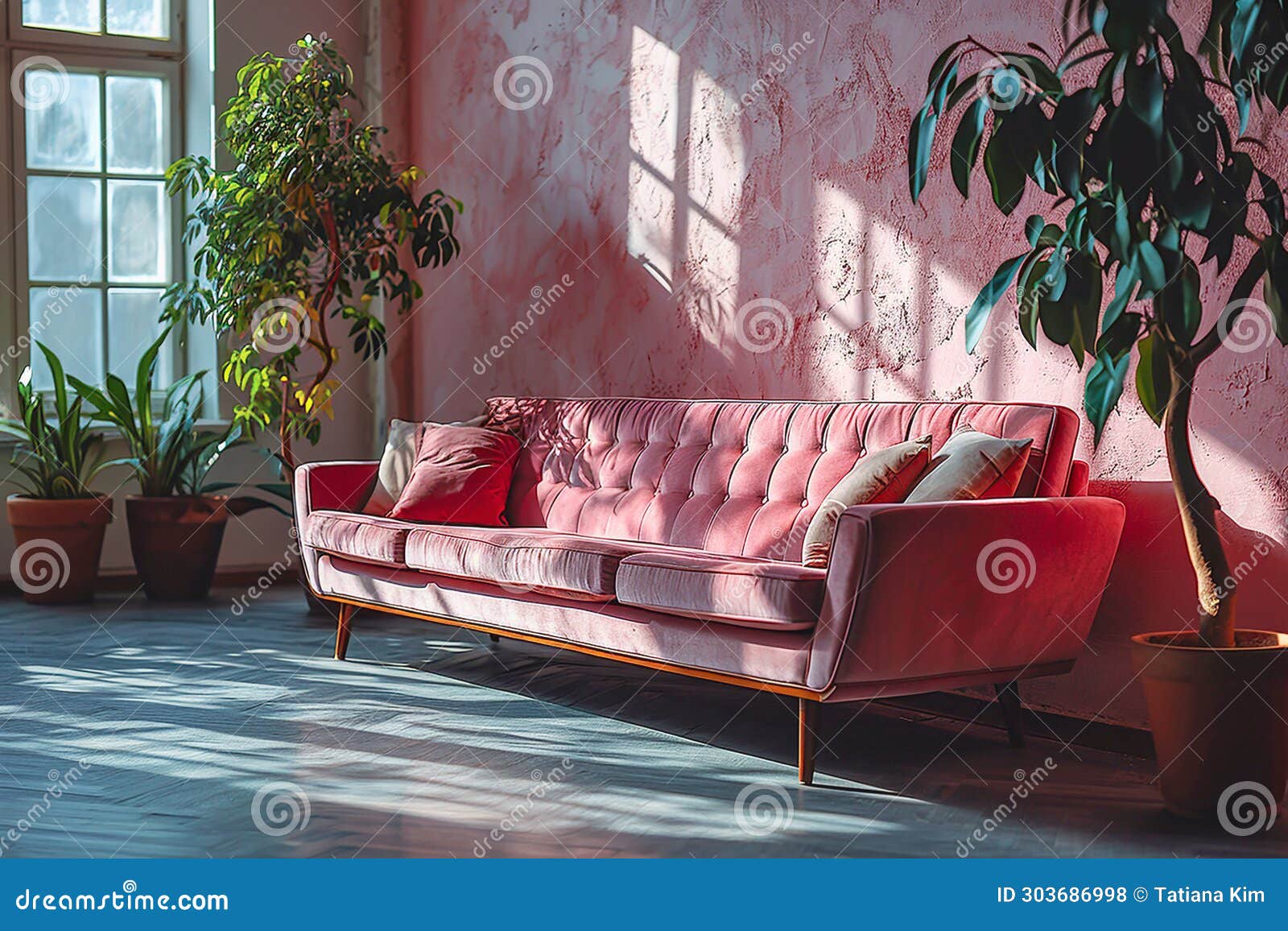 Side View of Soft Pink Sofa and Plants in Living Room in Modern ...