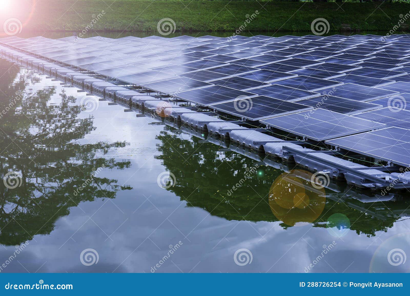 Side View of Solar Panels Floating on Water in a Lake, for Generating ...
