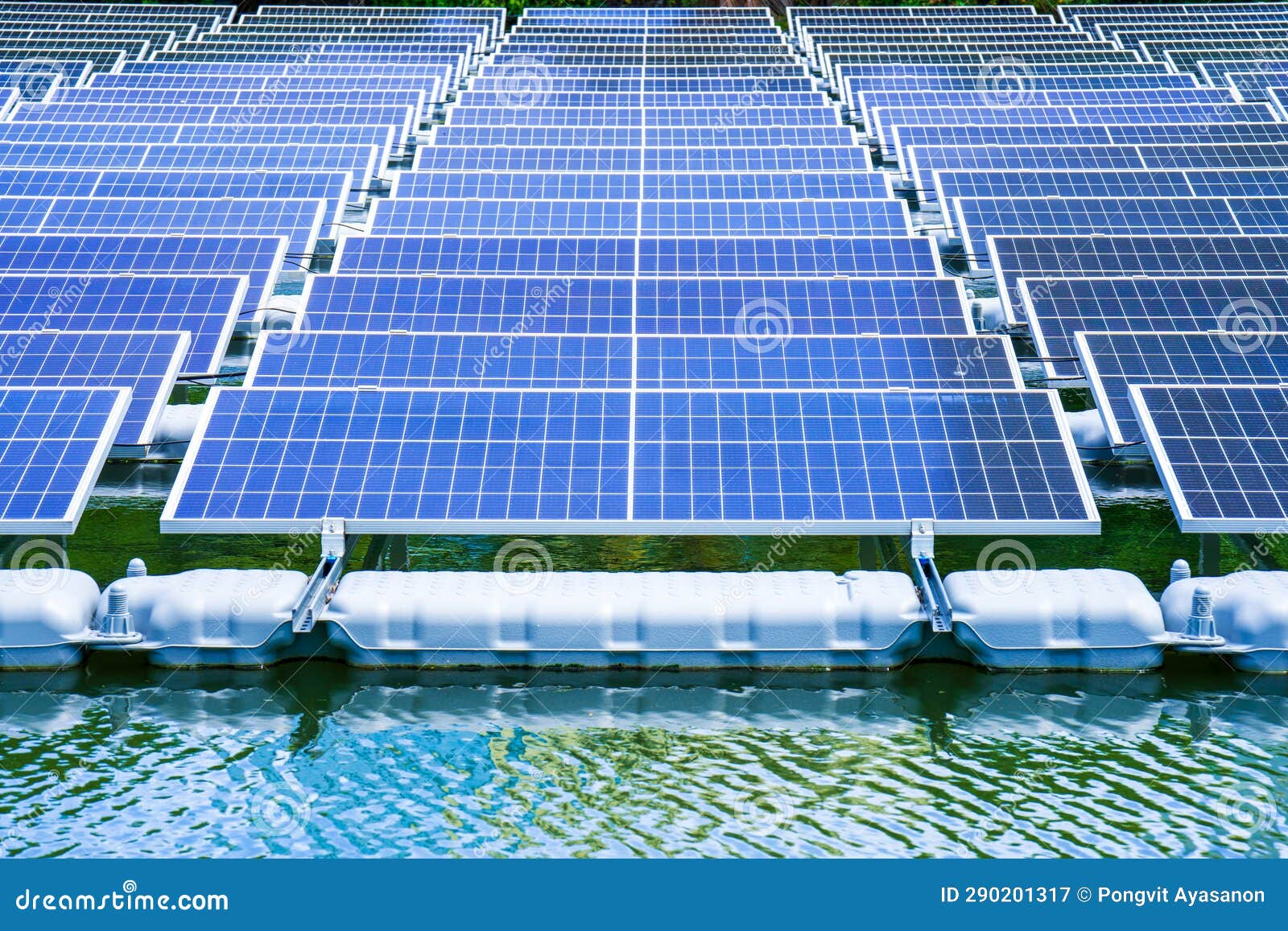 Side View of Solar Panels Floating on Water in a Lake, for Generating ...