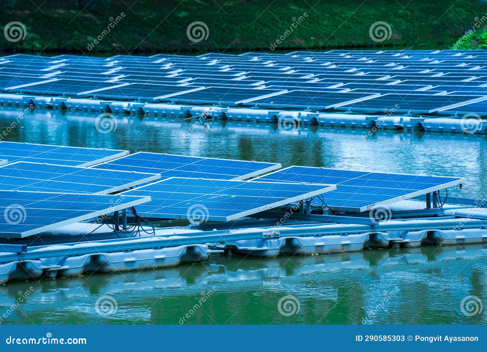 Side View of Solar Panels Floating on Water in a Lake, for Generating ...