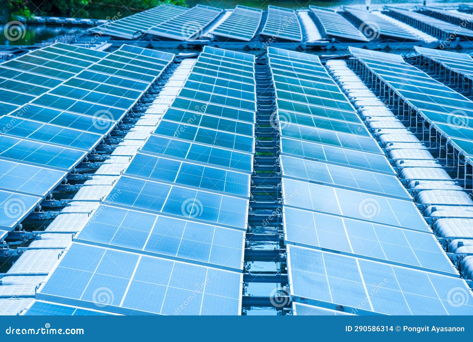 Side View of Solar Panels Floating on Water in a Lake, for Generating ...
