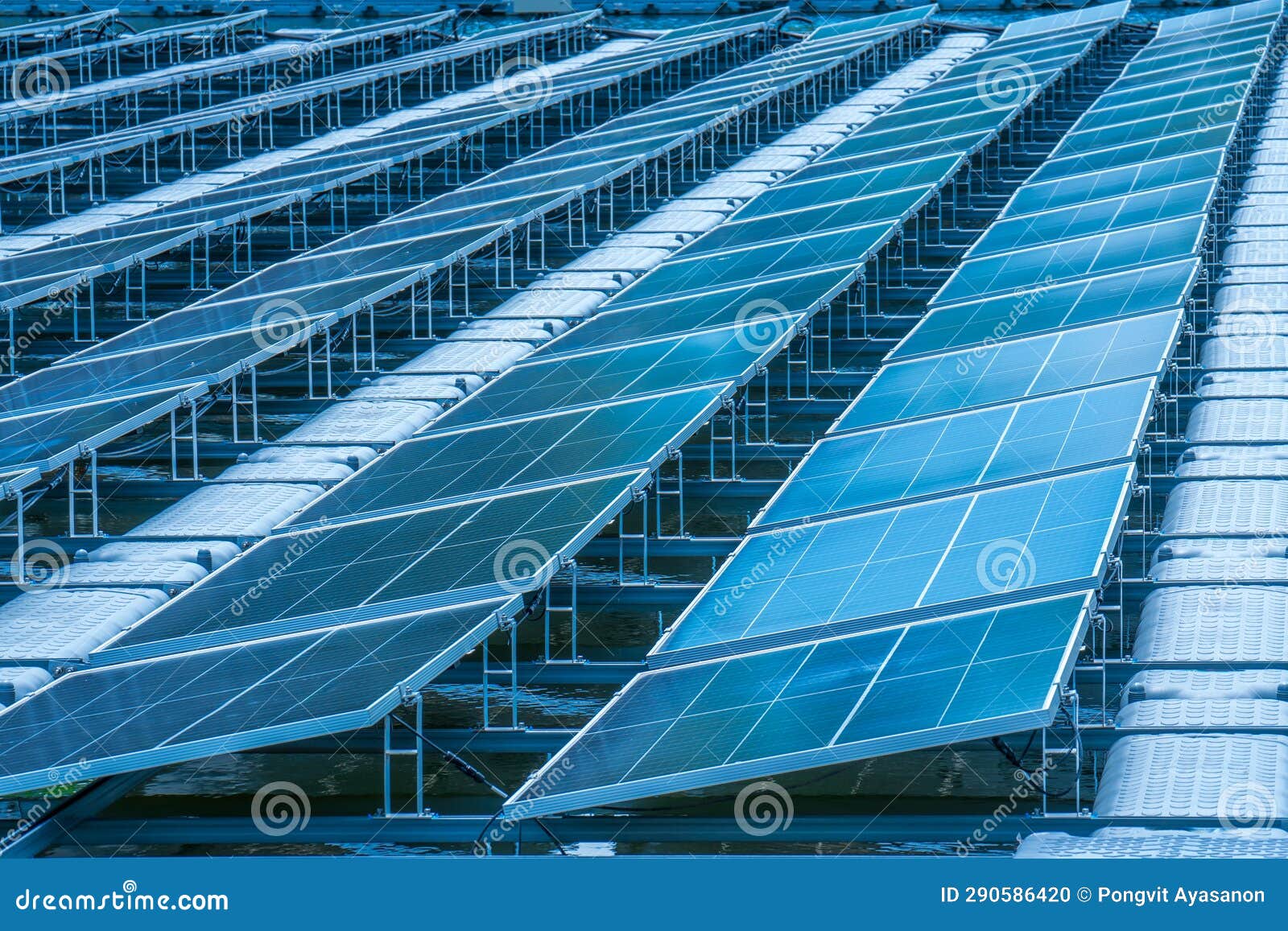 Side View of Solar Panels Floating on Water in a Lake, for Generating ...