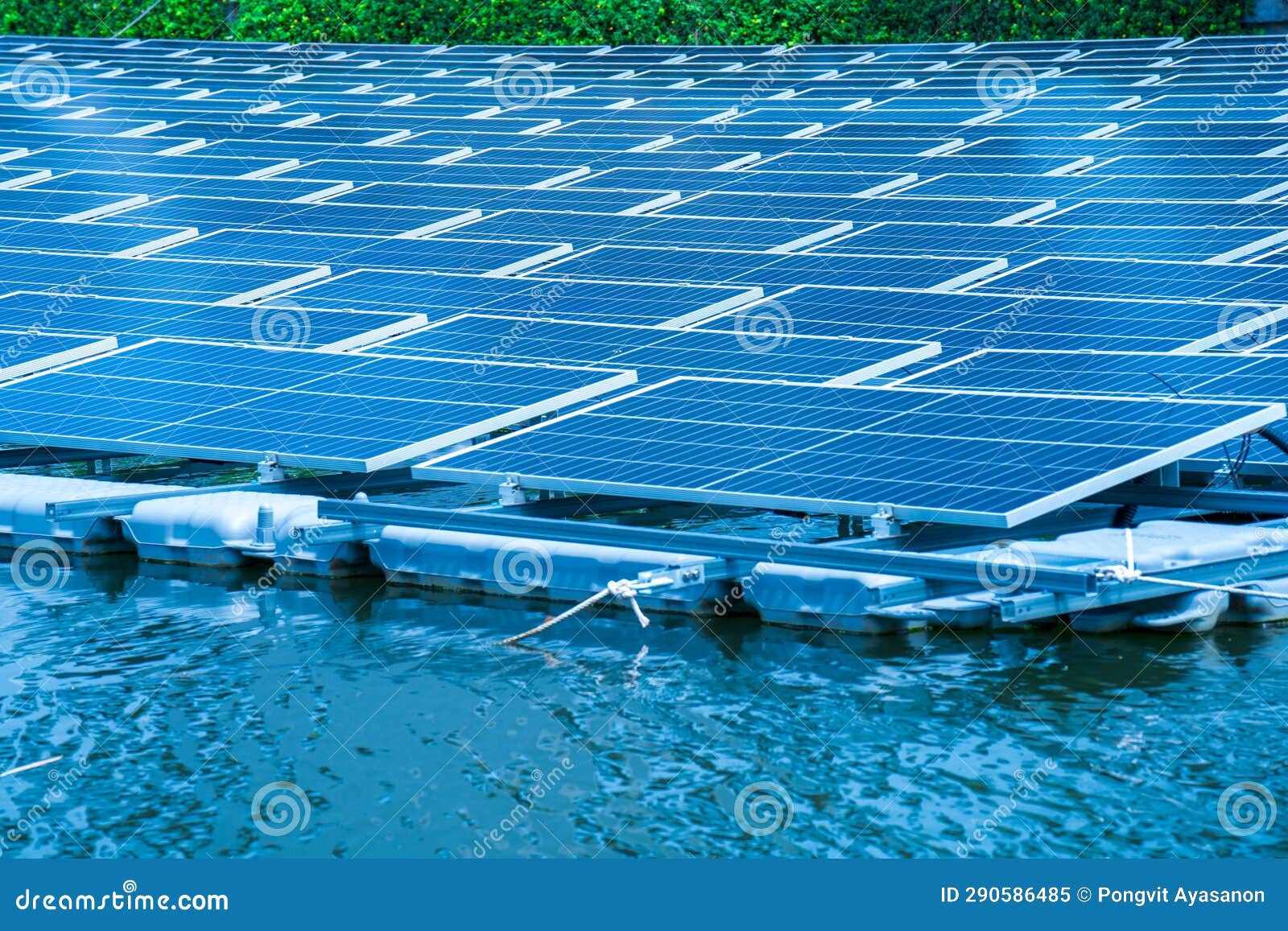 Side View of Solar Panels Floating on Water in a Lake, for Generating ...