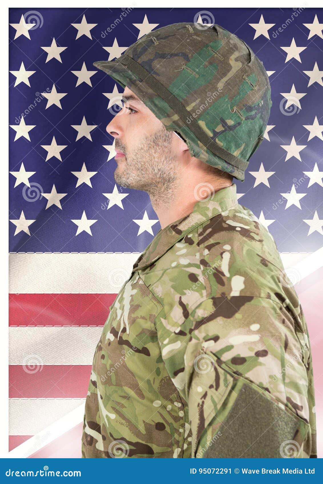 Side View of Soldier in Front of American Flag Stock Illustration ...