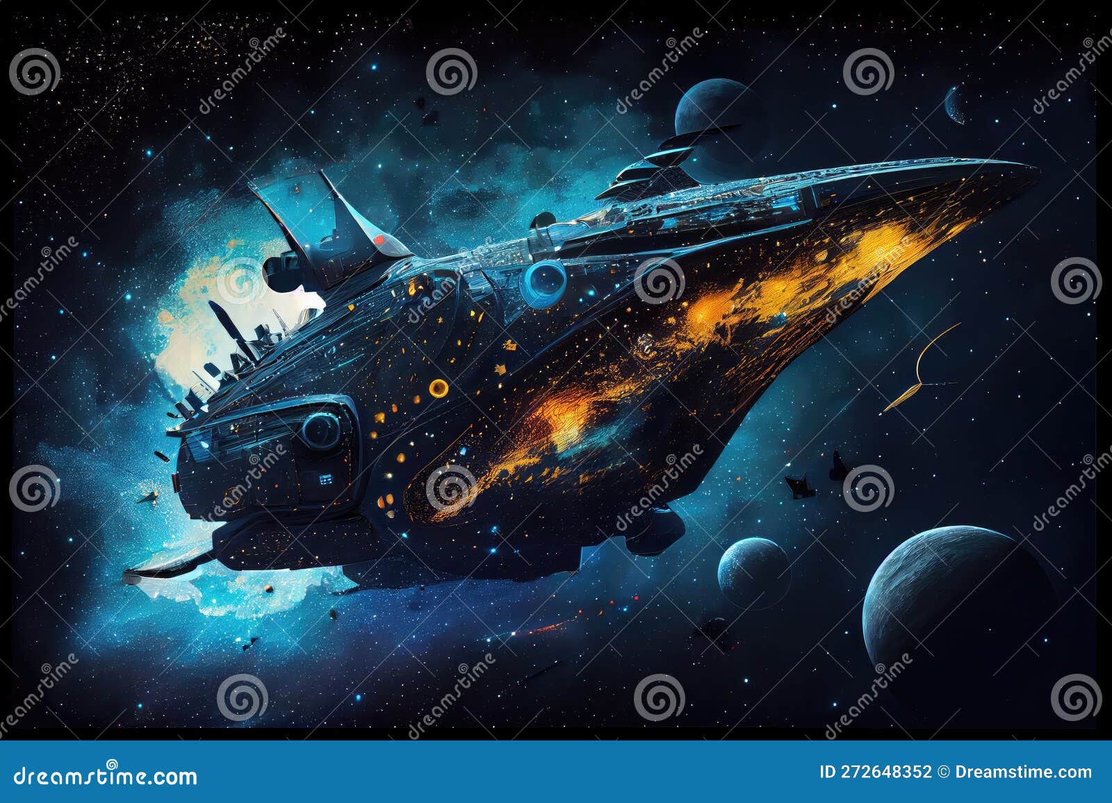 Side View of Spaceship, Traveling through Endless Starry Night, with ...