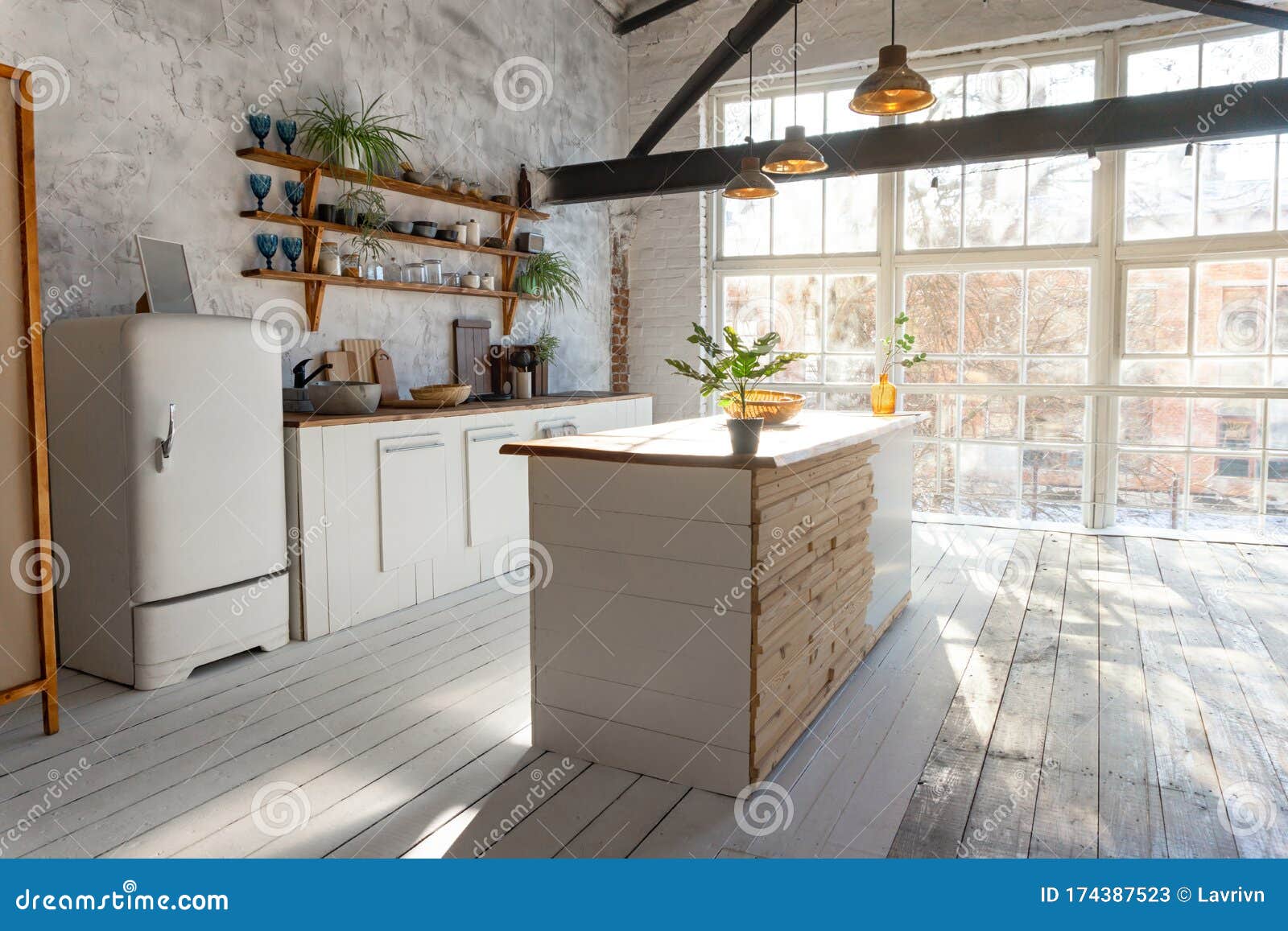Side View on Spacious Loft Industrial Open Space Kitchen Studio ...