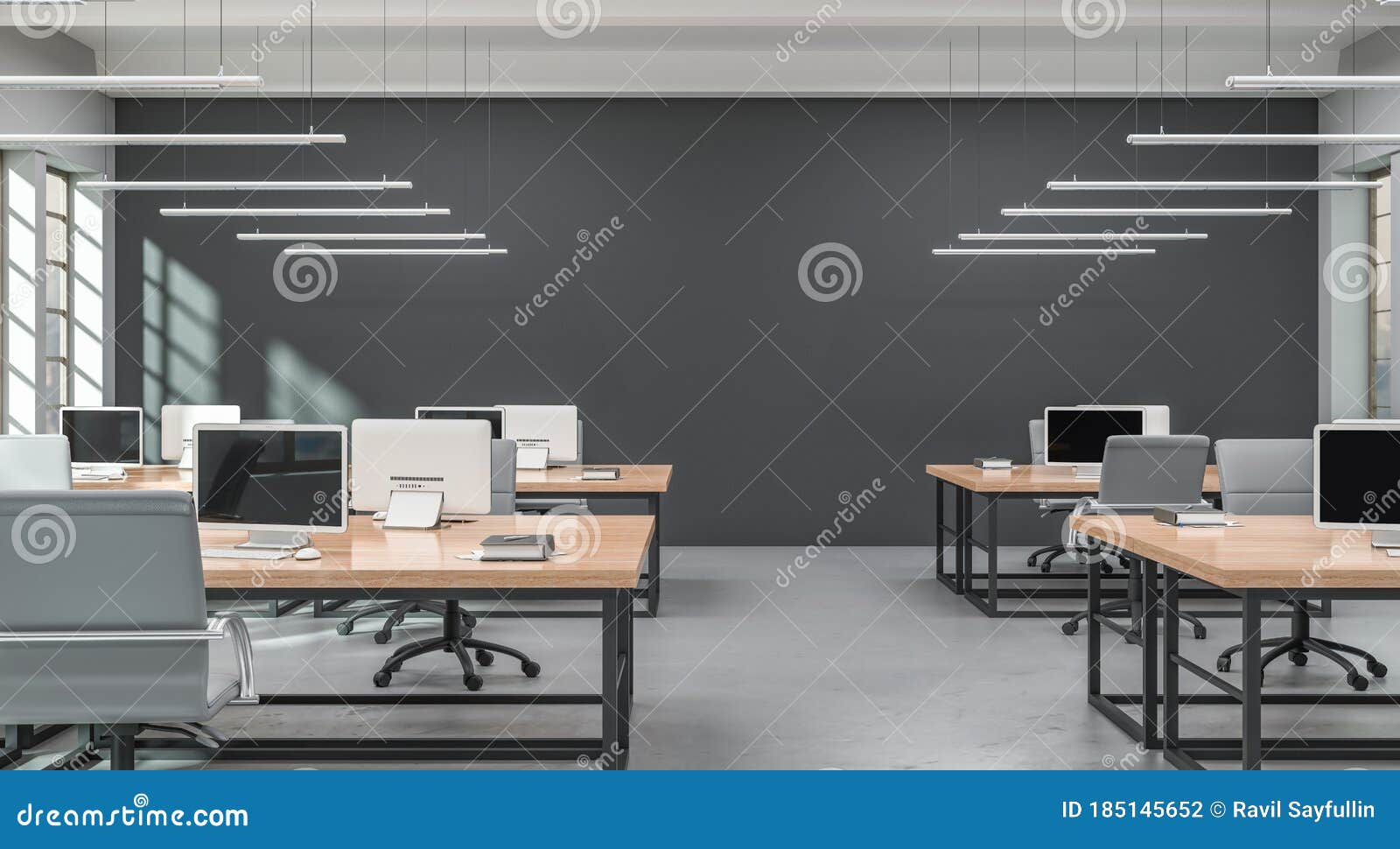 Side View of a Modern Office with a Grey Wall. Rows of Tables, Equipped ...