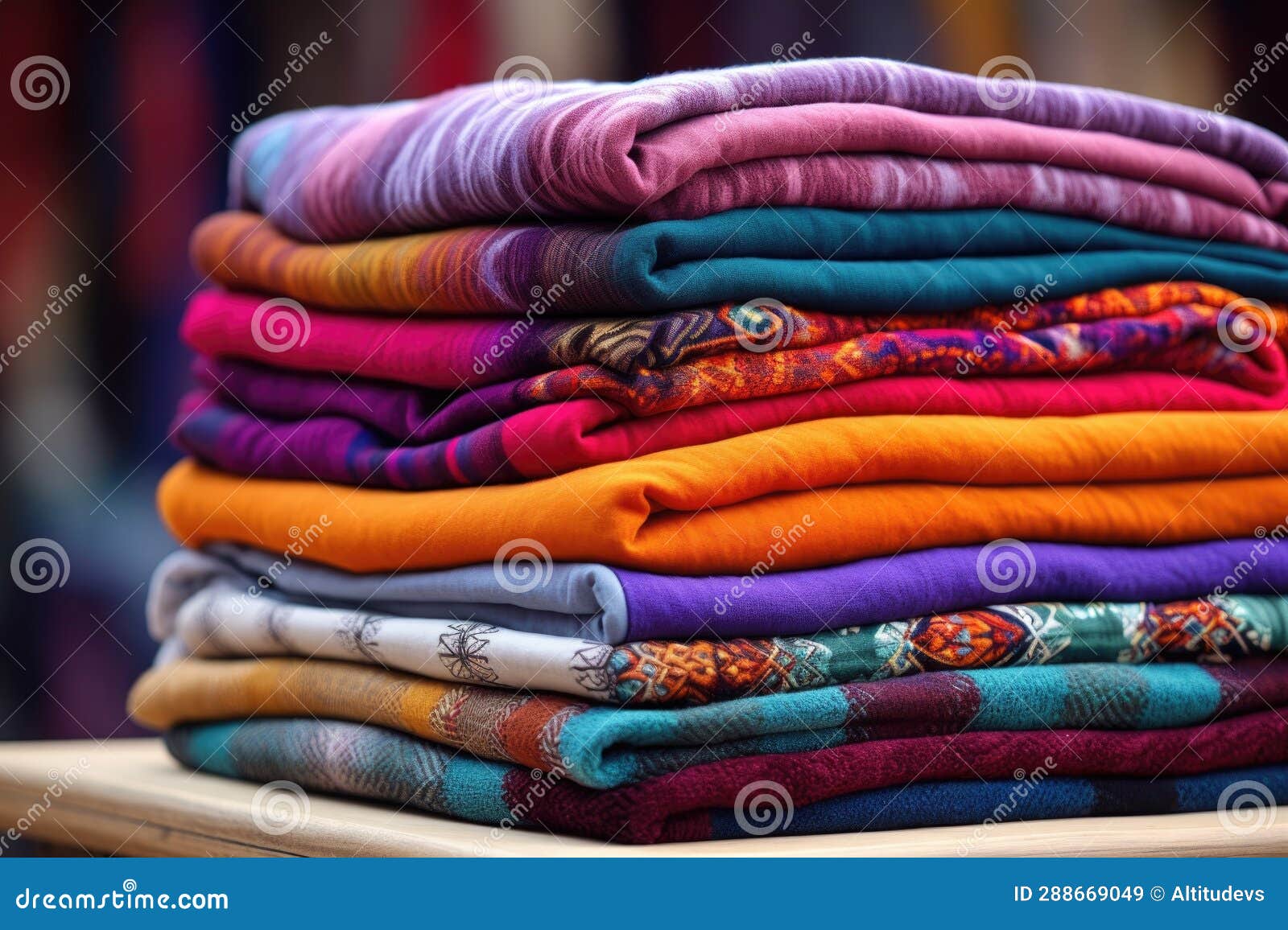 Side View of a Stack of Colorful Textiles in a Market Stock Image ...