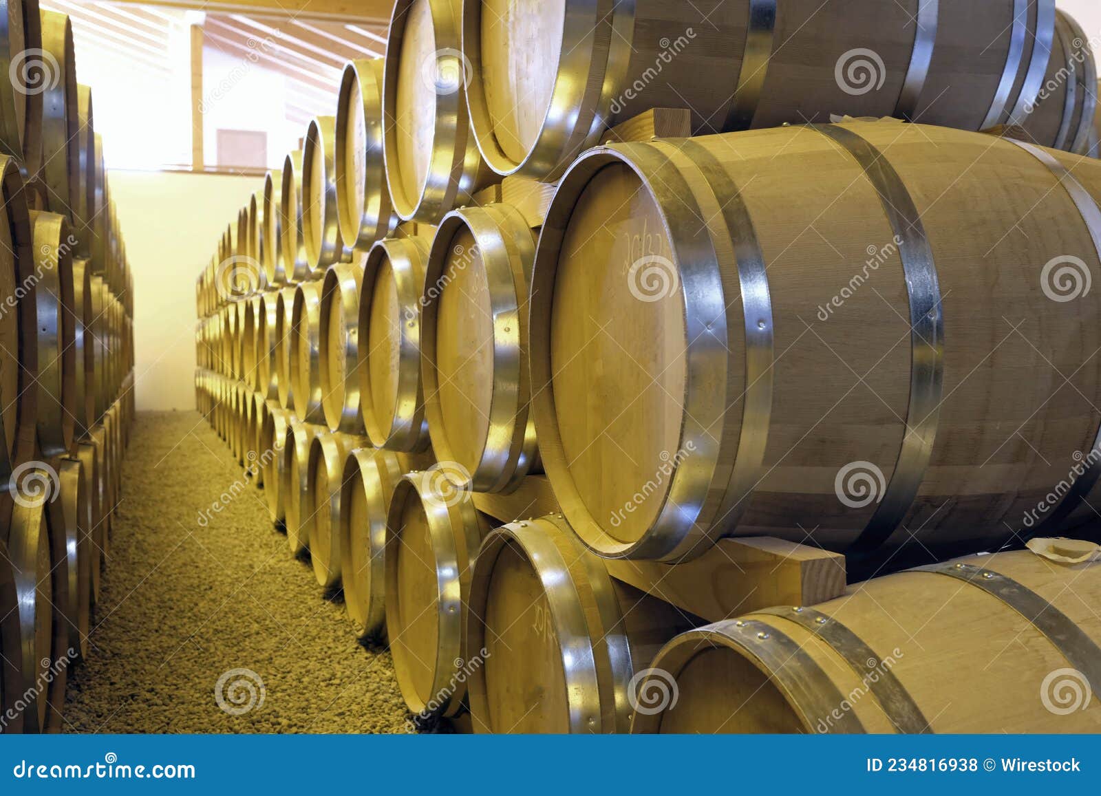 Side View of Stacked Casks at a Whisky Distillery in a Row Under the ...
