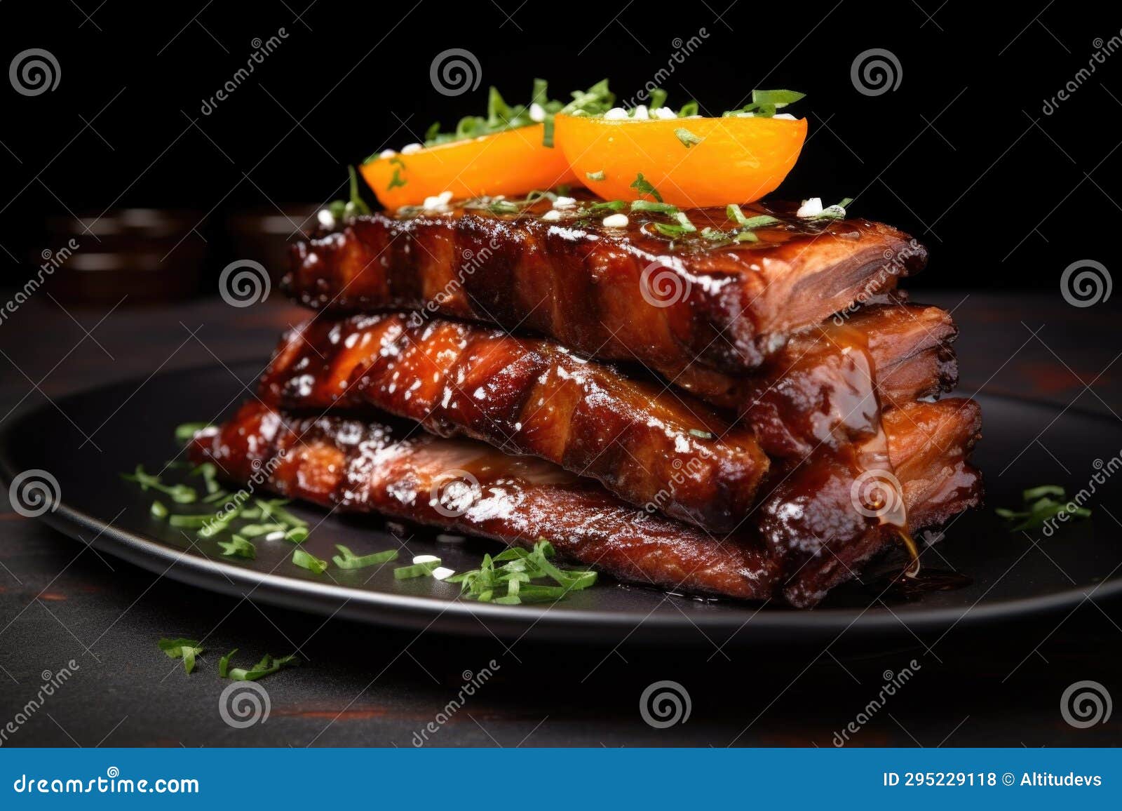 Side View of Stacked Glazed Pork Ribs on a Black Plate Stock Photo ...