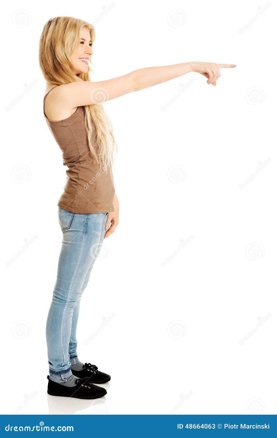 Side View of Student Woman Pointing Stock Image - Image of jeans, slim ...