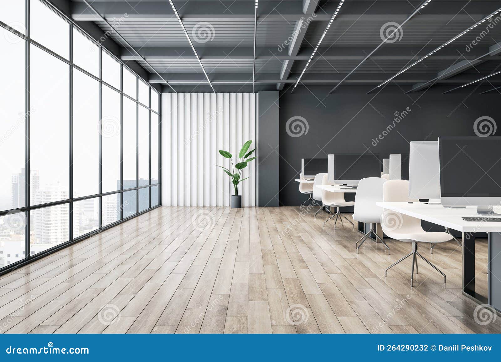 Side View on Stylish Workspace Tables with Modern Computers in Open ...