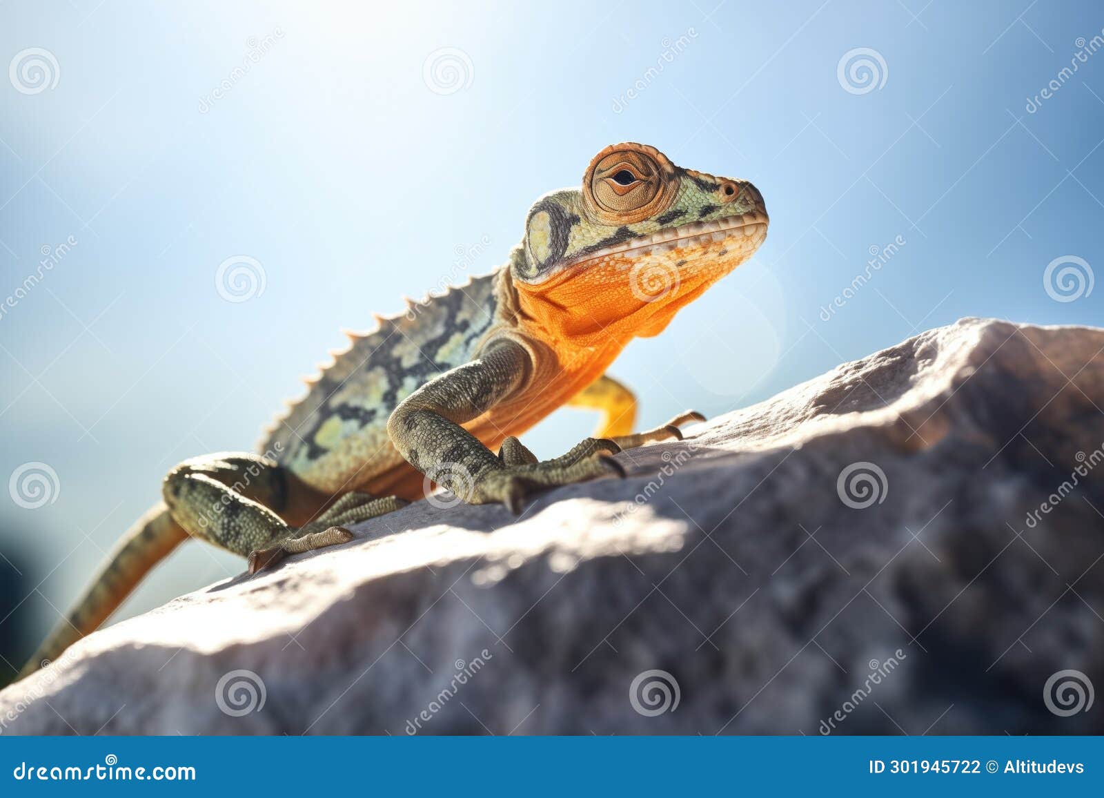 Side View of Sunbathing Lizard with Shadow on a Boulder Stock Photo ...