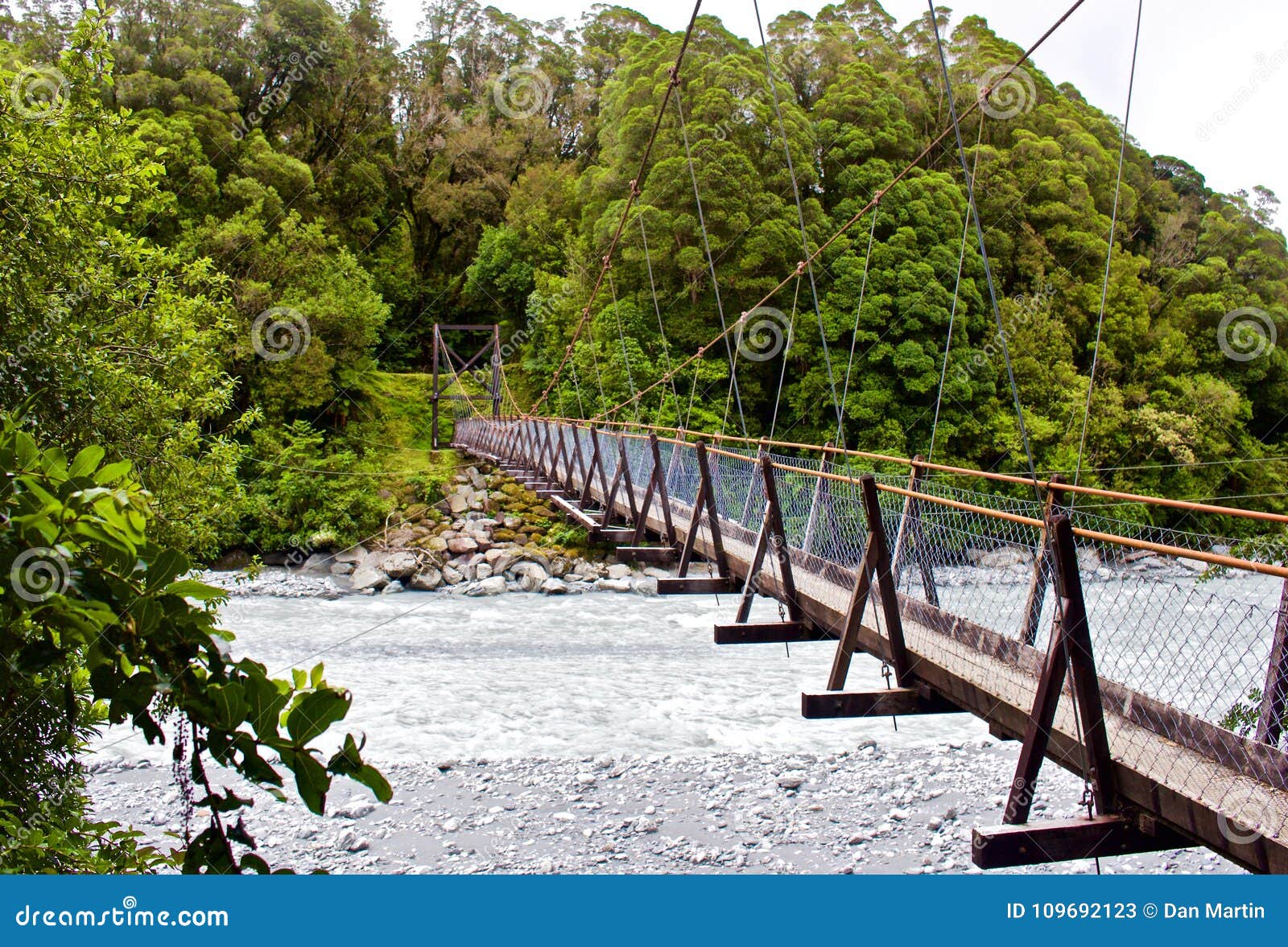 Side View of Suspension Bridge Over River Stock Image - Image of forest ...
