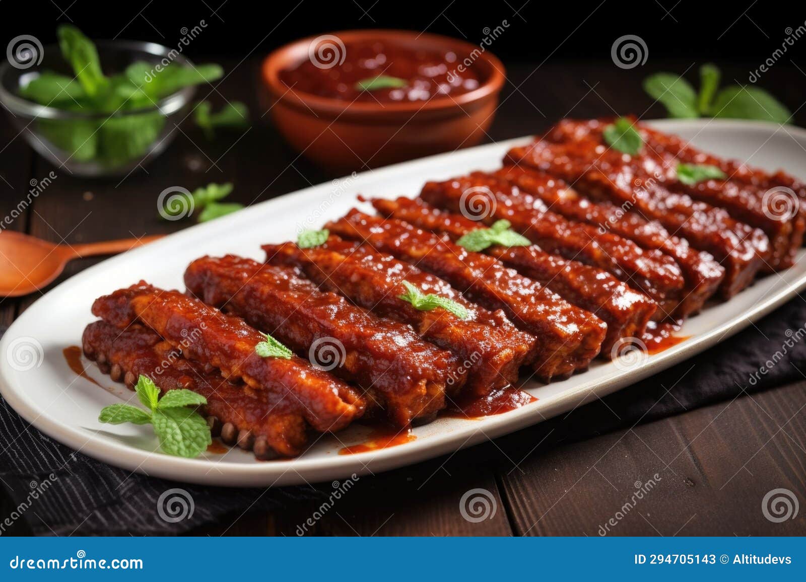 Side View of Tempeh Ribs Coated in Bbq Sauce on a Rectangular Plate ...