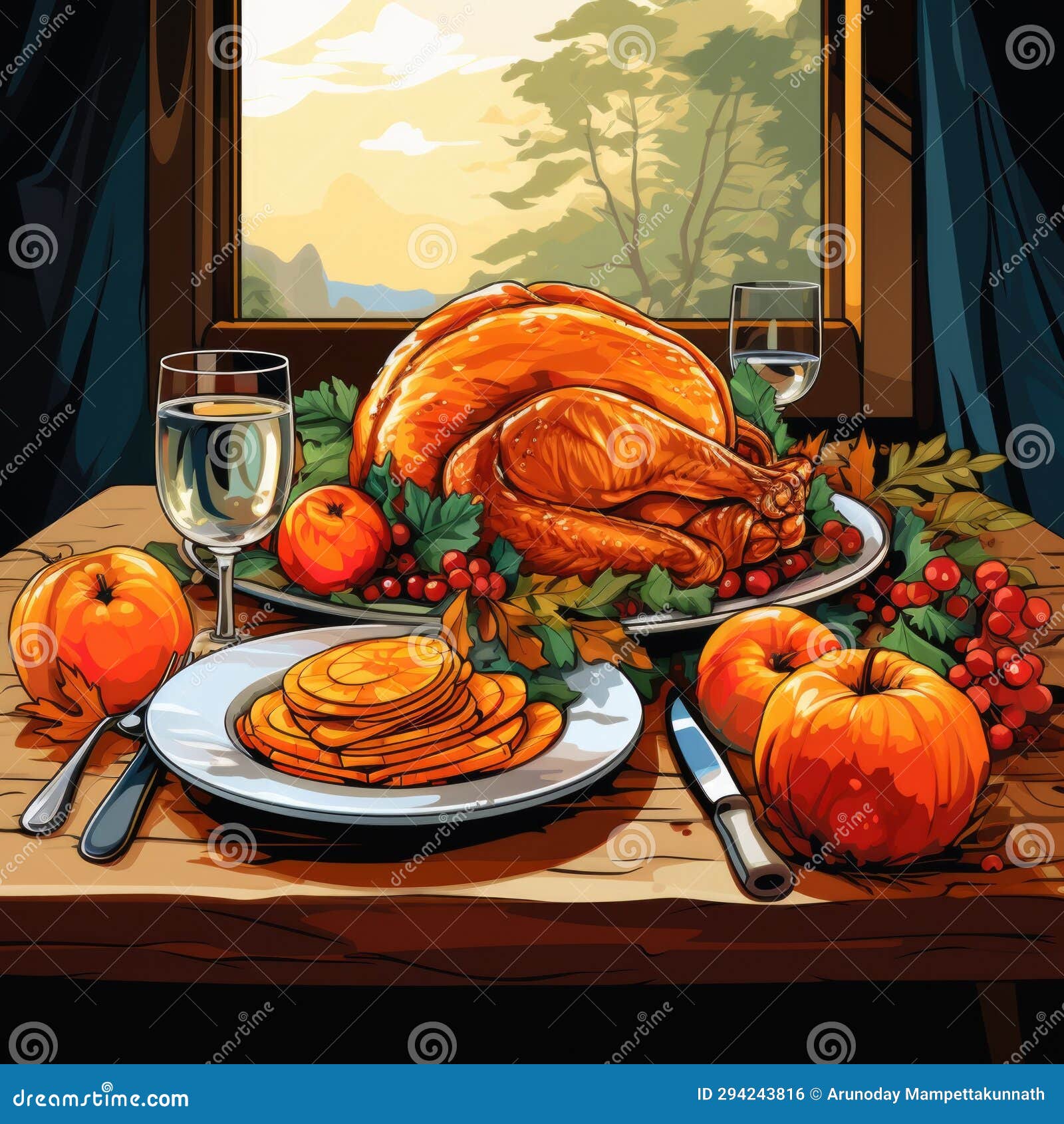 Side View of Thanksgiving Feast with Turkey on a Table Stock ...