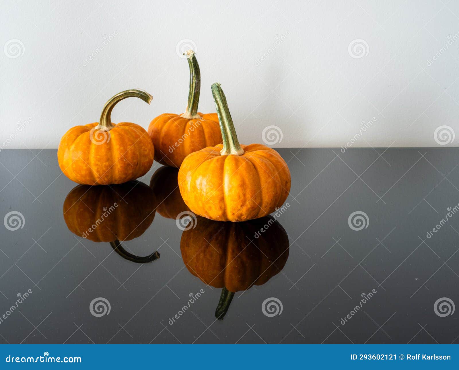 Side View of Three Pumpkins with Large Stems on a Black Surface with ...