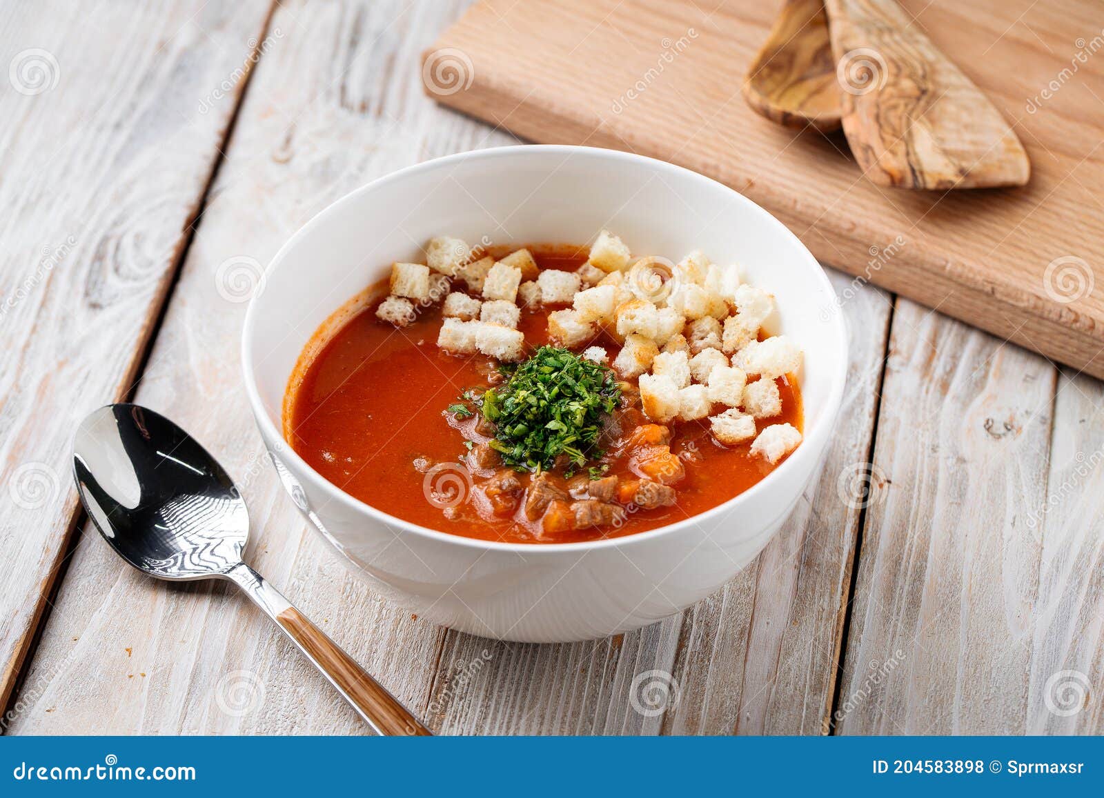 Side View on Tomato Soup with Crackers in a Bowl Stock Photo - Image of ...