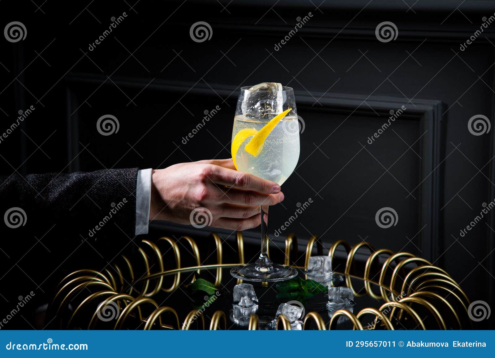 Side View of Transparent Cocktail with Ice on a Dark Background Stock ...