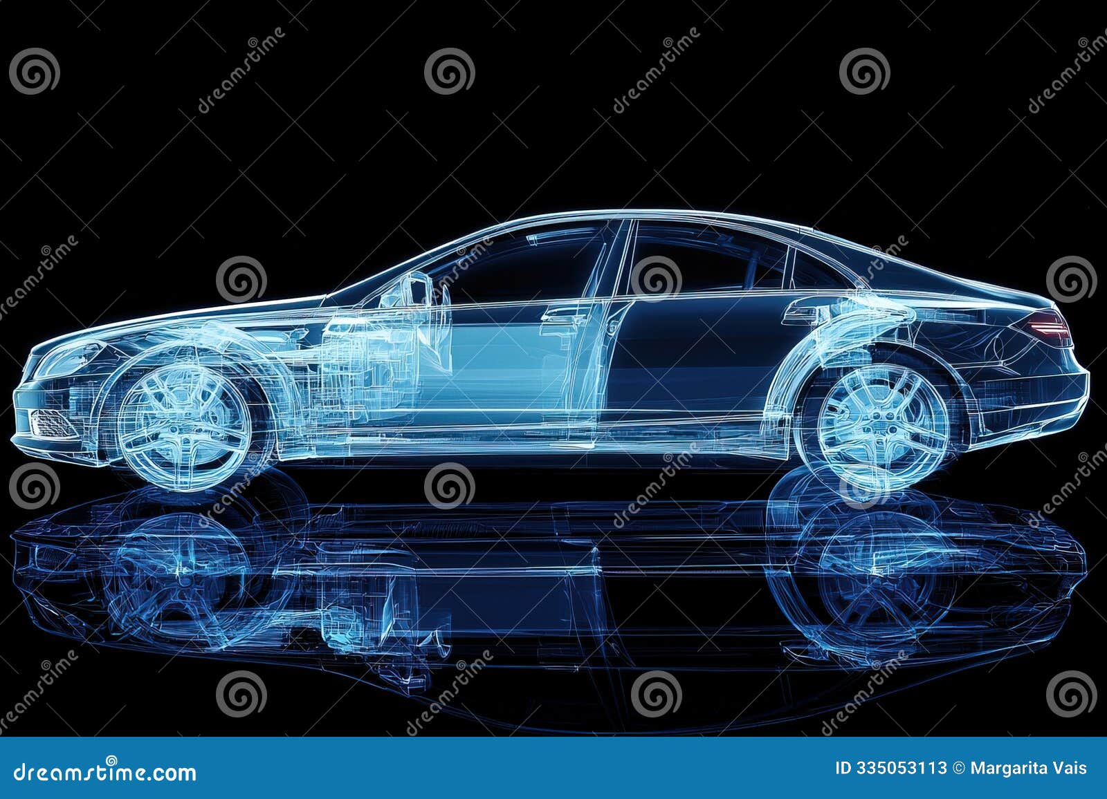 Side View Transparent Modern Car in X Ray in Blue Light on Black ...