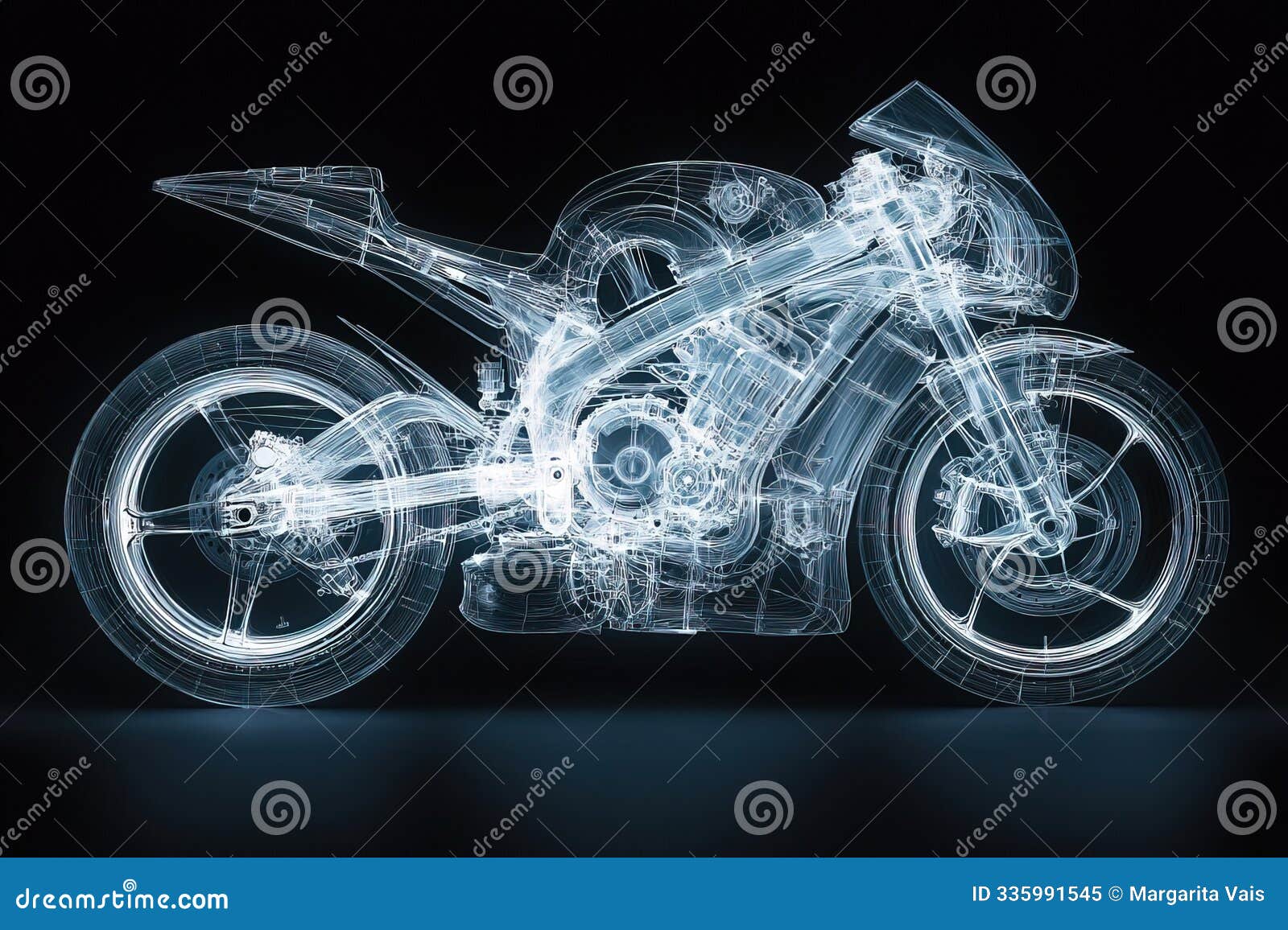 Side View Transparent Modern Motorcycle in X Ray on Black Background ...