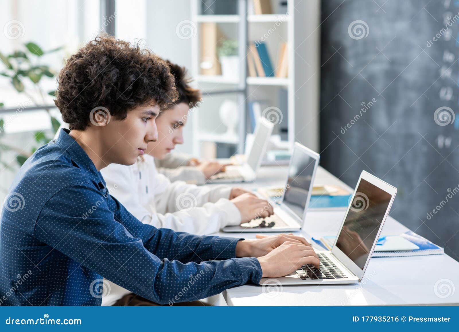 Side View of Two Guys Sitting by Desk in Row in Front of Laptops Stock ...