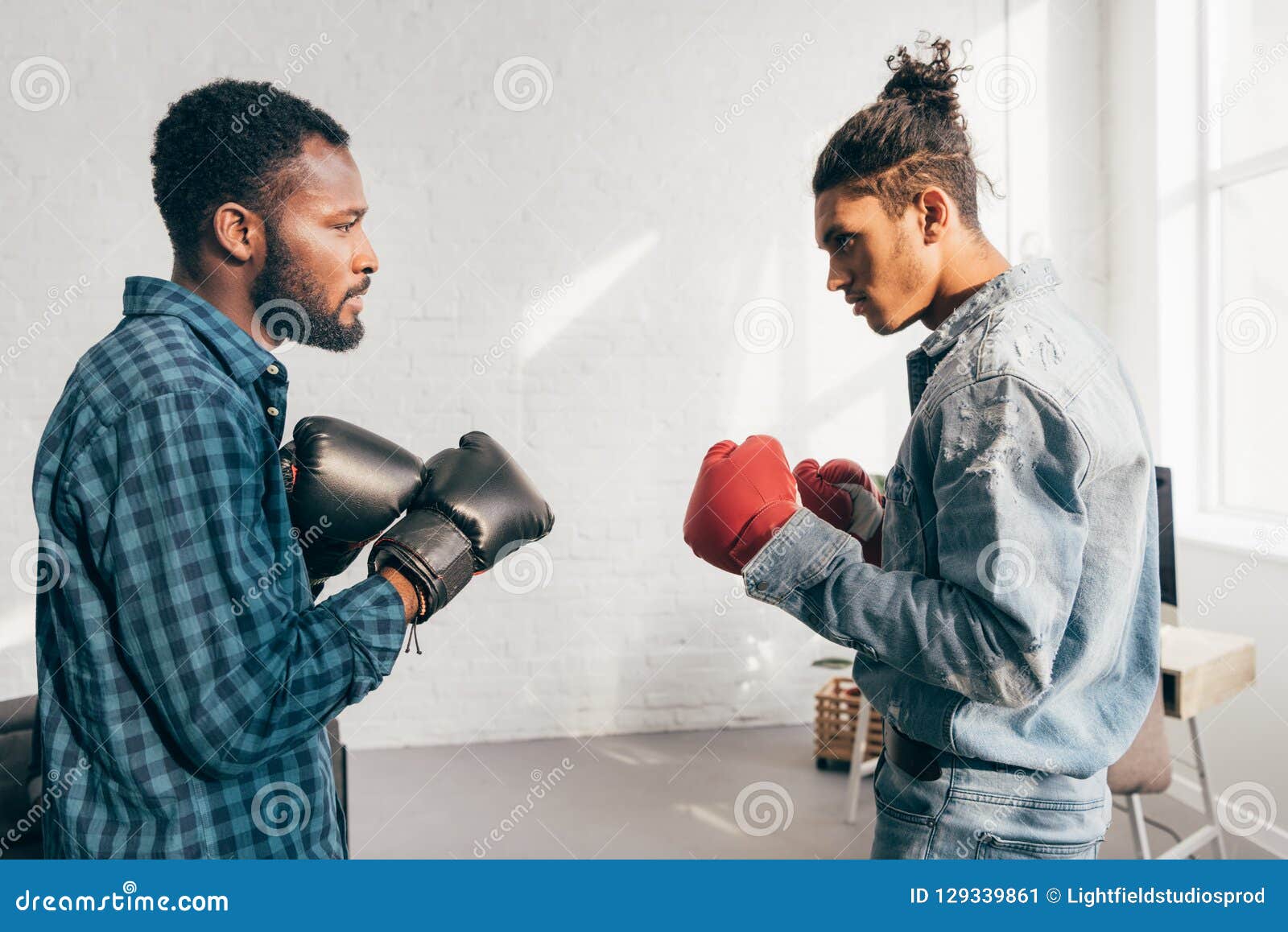 Side View of Two Multicultural Young Men Boxing Stock Image - Image of ...