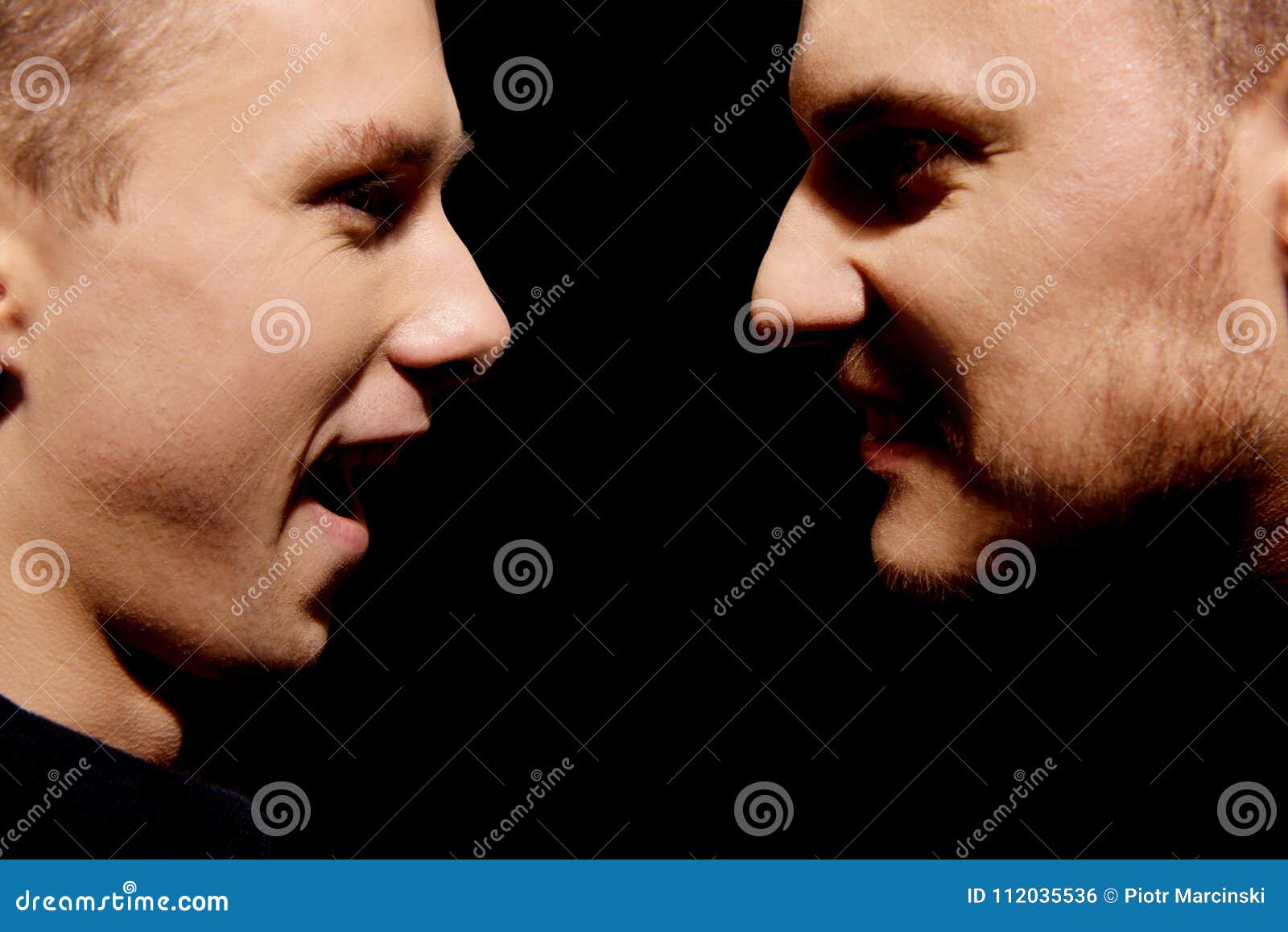 Side View on Two Screaming Men Stock Photo - Image of closeup ...