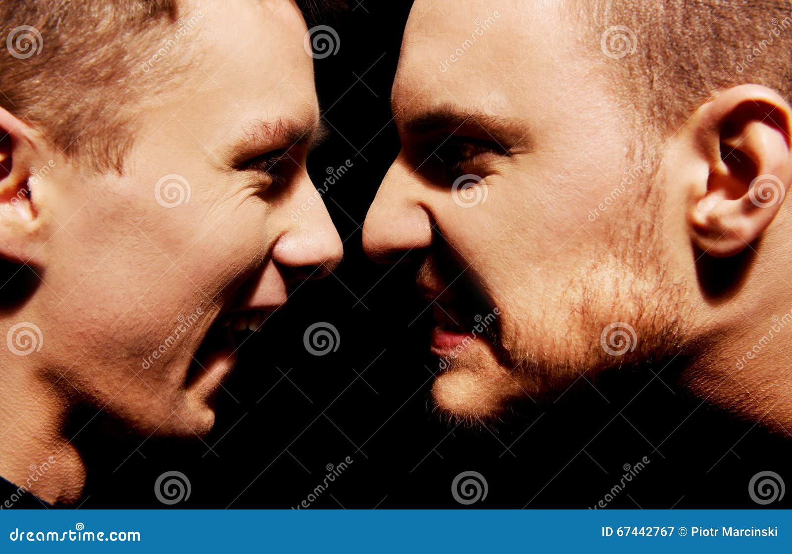 Side View on Two Screaming Men Stock Image - Image of male, profile ...