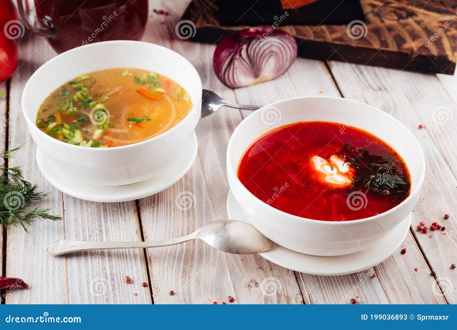 Side View on Two Soups Borsch and Vegetable Stock Image - Image of ...