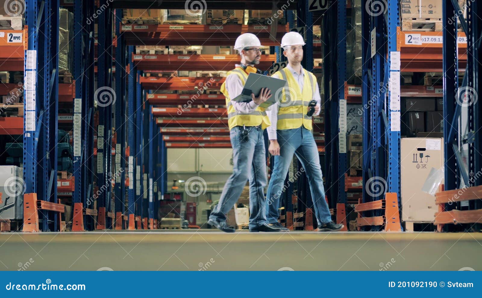 Side View of Two Warehouse Workers Moving between Racking Frames Stock ...