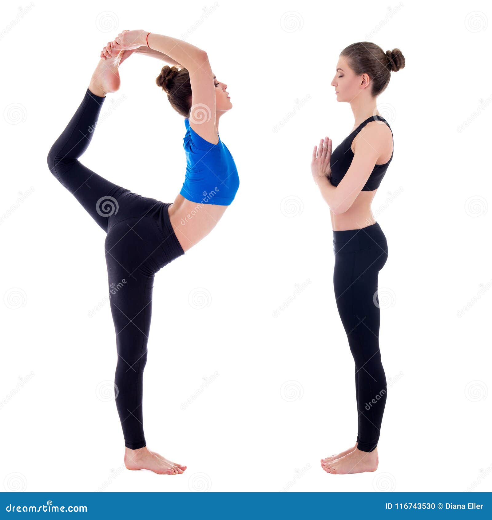 Side View of Two Young Slim Women Doing Yoga Isolated on White Stock ...