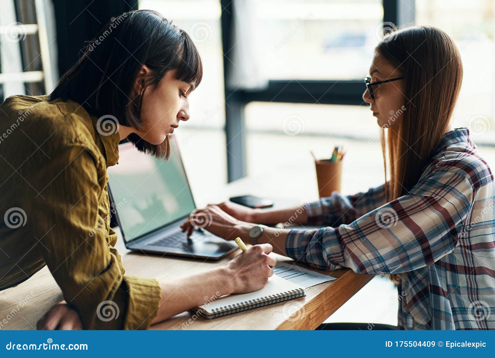 Side View of Two Young Woman Working in Modern Office Using Laptop ...
