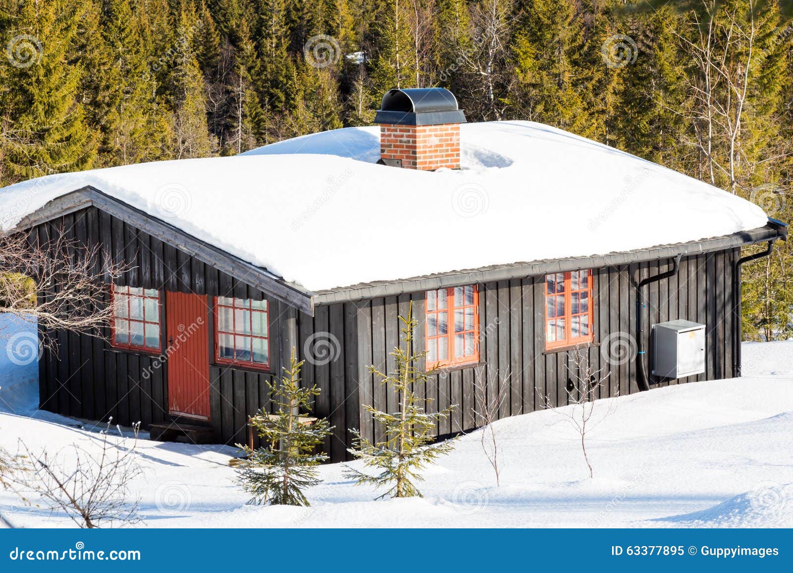 Side View of a Typical Black Norwegian Cabin Covered in Snow Stock ...