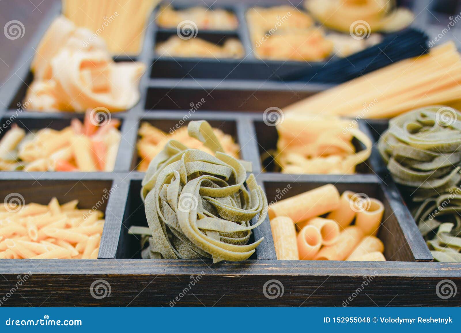 Side View Various Types of Italian Pasta in a Wooden Box with Different ...