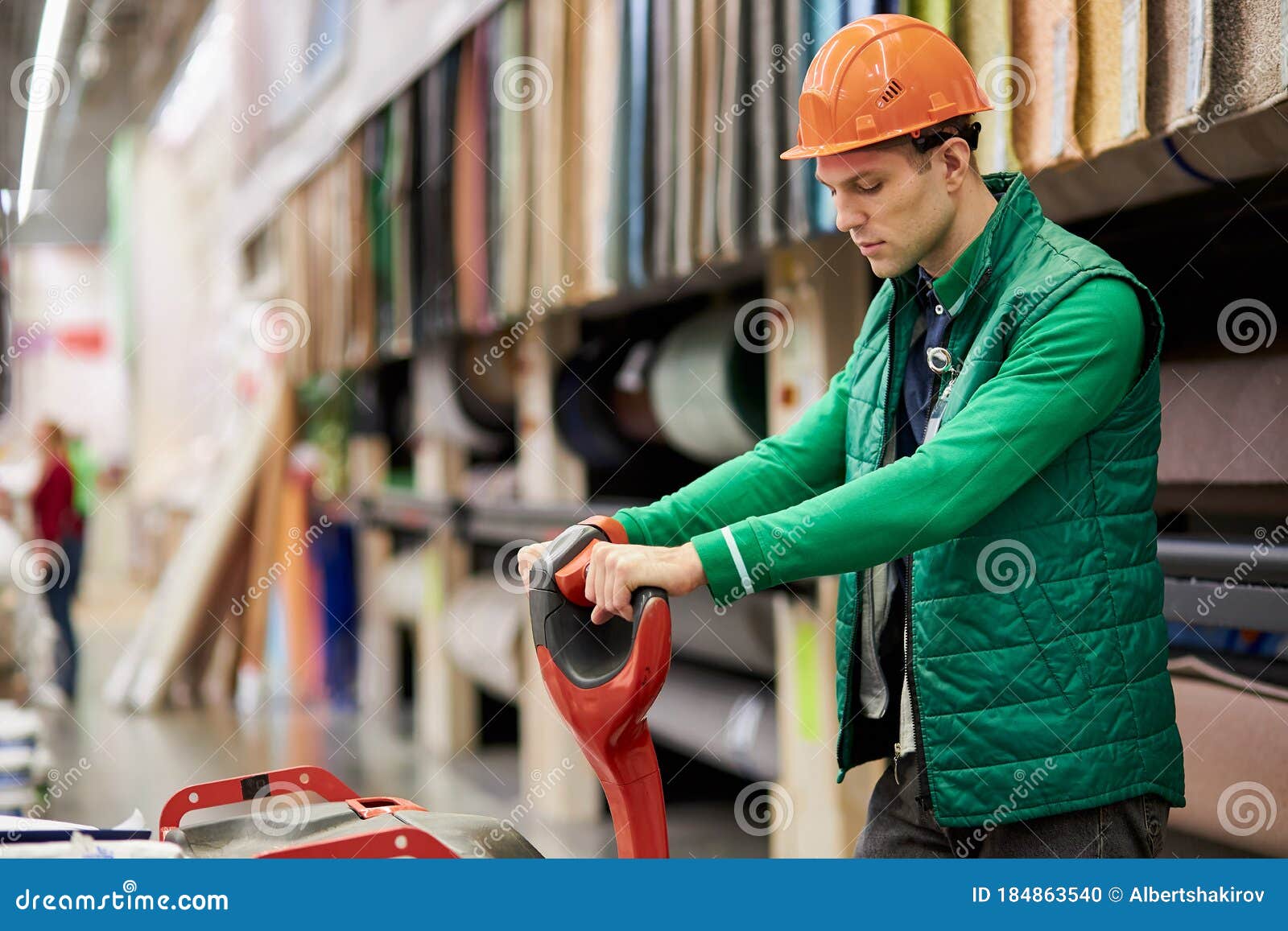 Side View on Warehouse Worker Standing Behind Apparatus Machine Stock ...