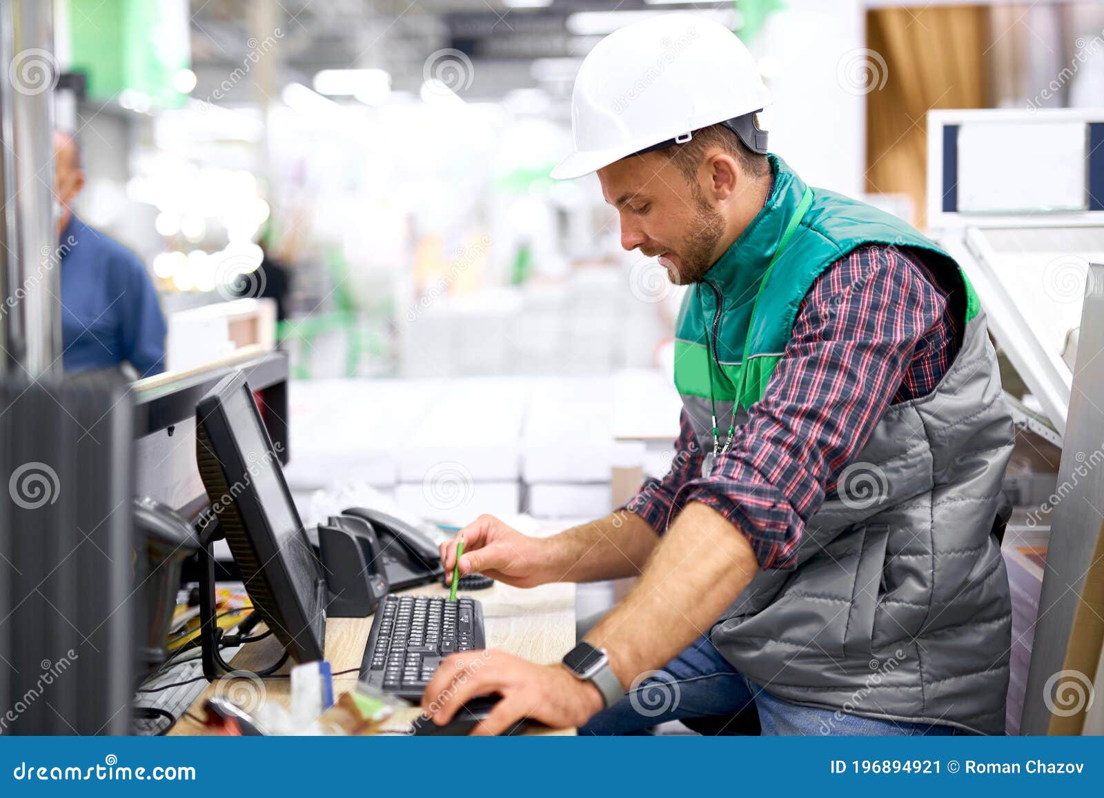 Side View on Warehouse Worker Working on Computer Stock Image - Image ...